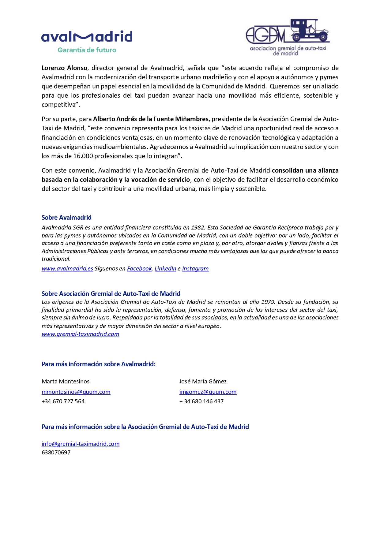 AVALMADRID Y LA ASOCIACIÓN GREMIAL DE AUTO TAXI DE MADRID FACILITAN LA ...